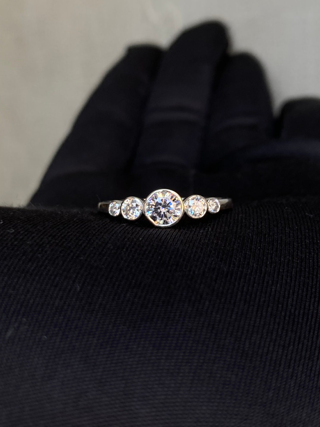 Five Stone Round Cut Engagement Ring, Moissanite Diamond Bezel Set Ring ...