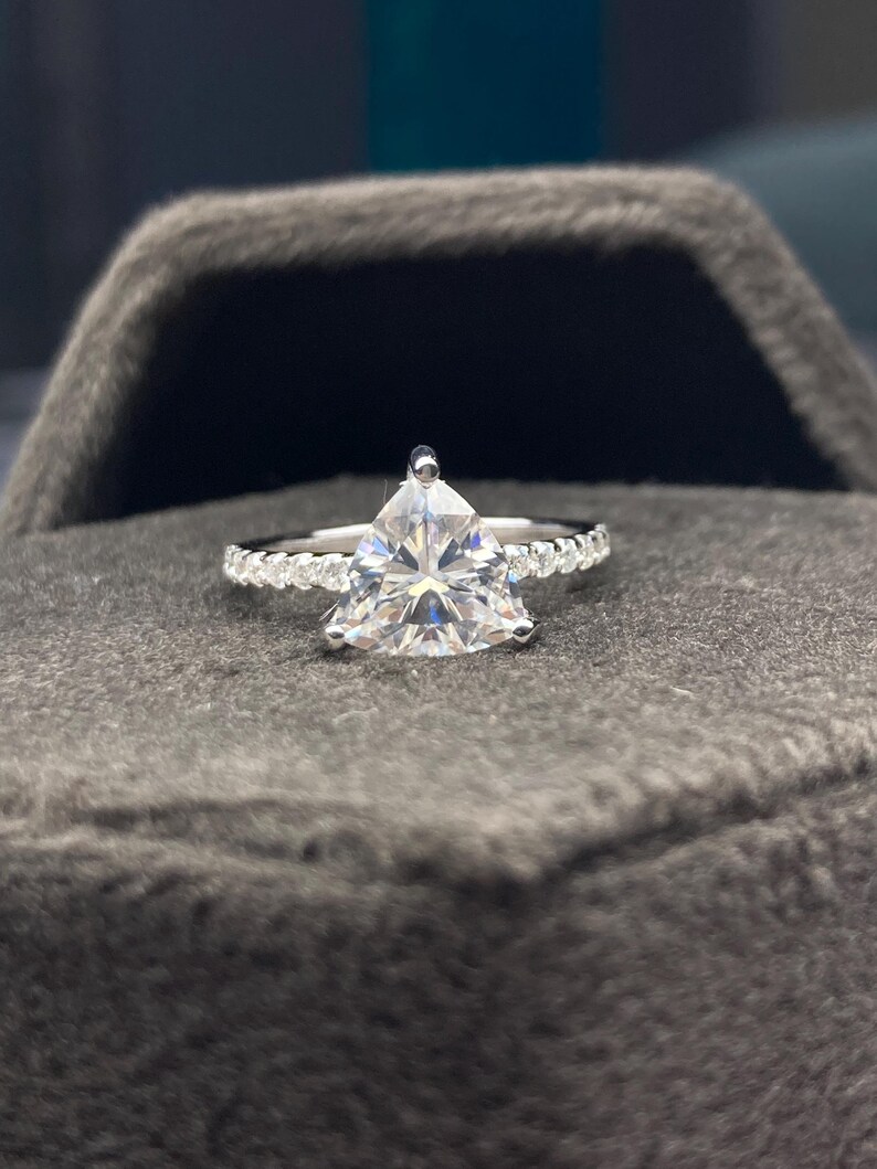 Triangle Cut Engagement Ring, Trillion Moissanite Ring, Hidden Halo ...
