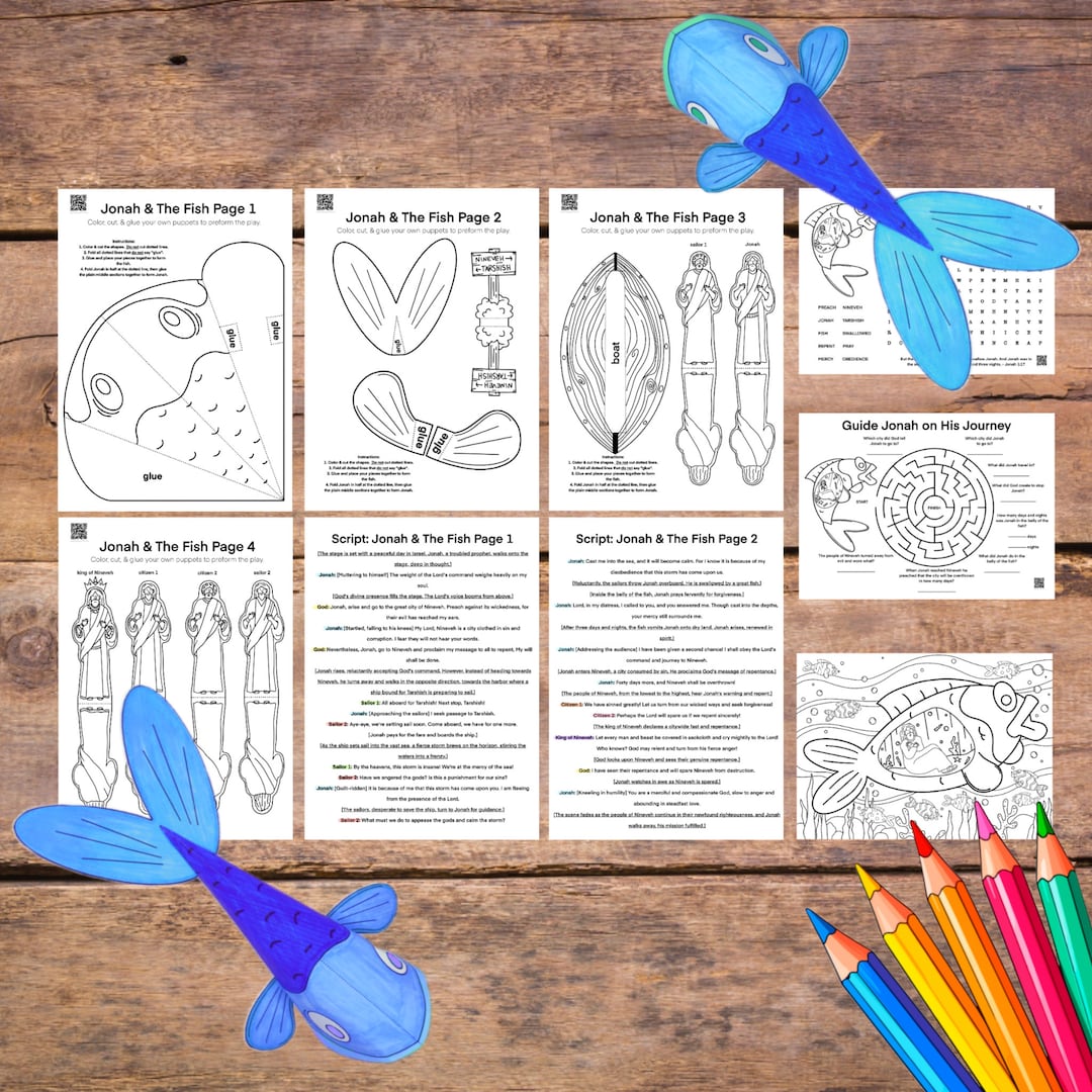 Jonah and the Whale Fish Bible Activity Pages Make Your Own Play Script ...