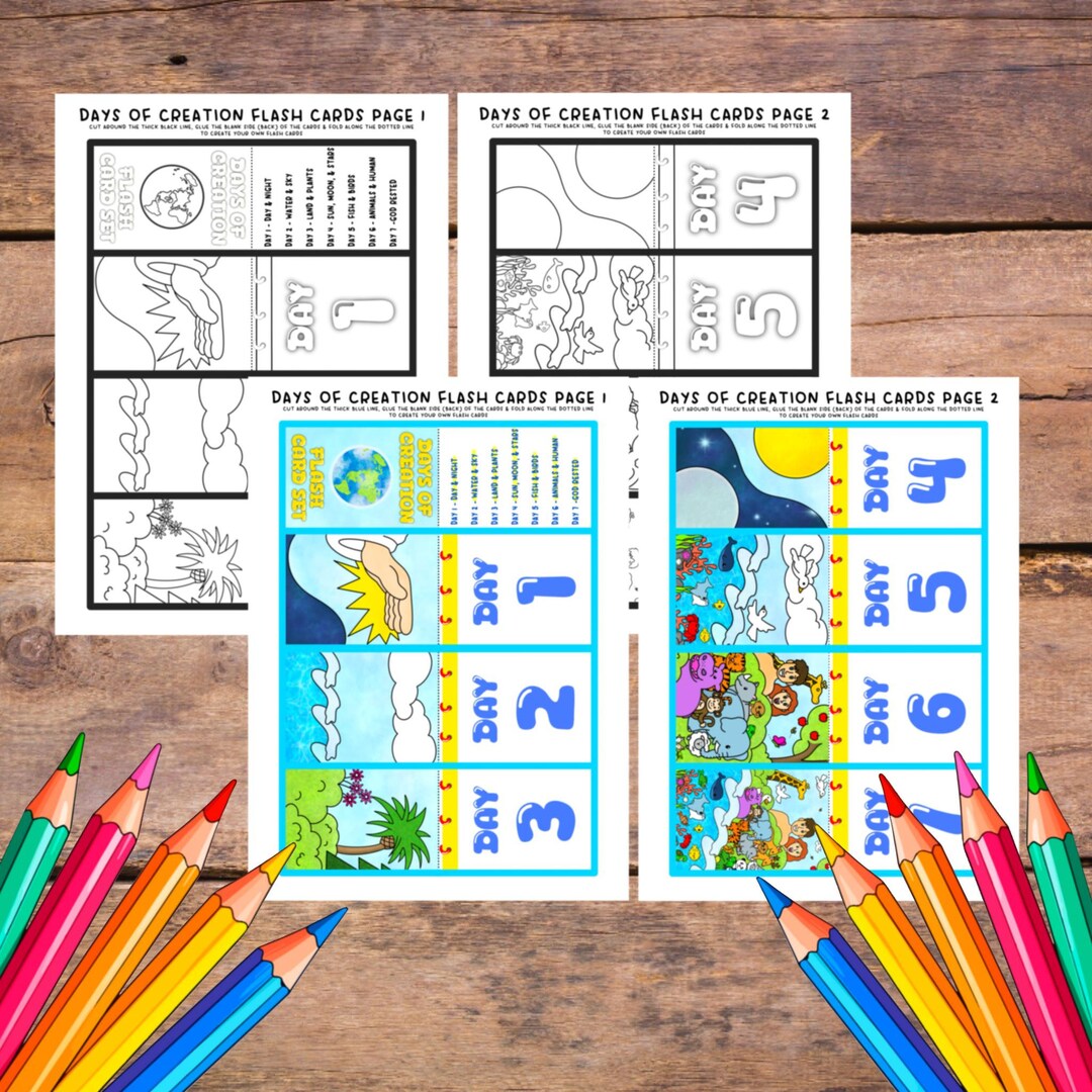 Days of Creation Flash Cards: Bible Activity Coloring Pages (digital ...