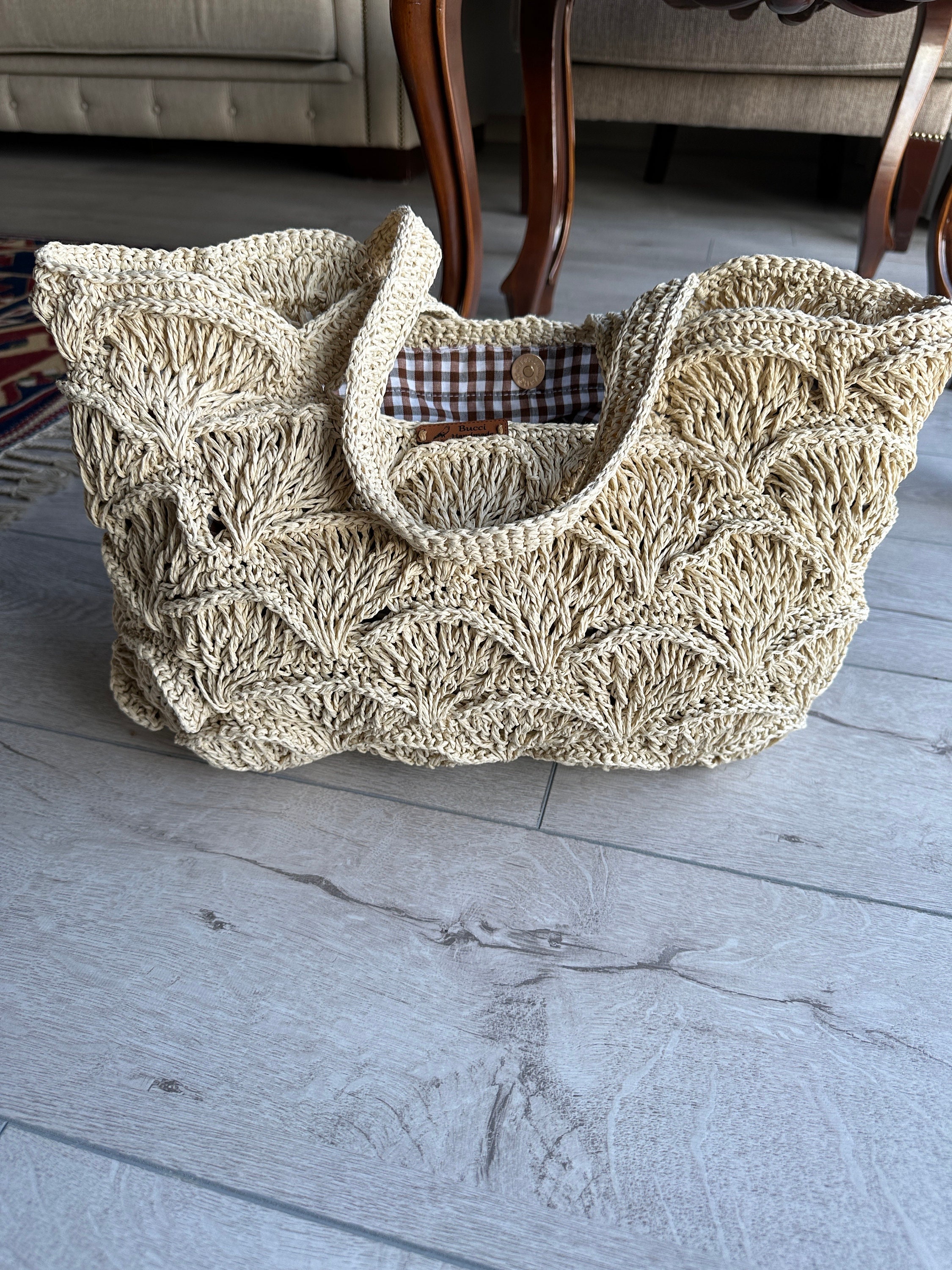 Natural Raffia Straw String, Handmade Straw Bag, Fabric Lining With ...