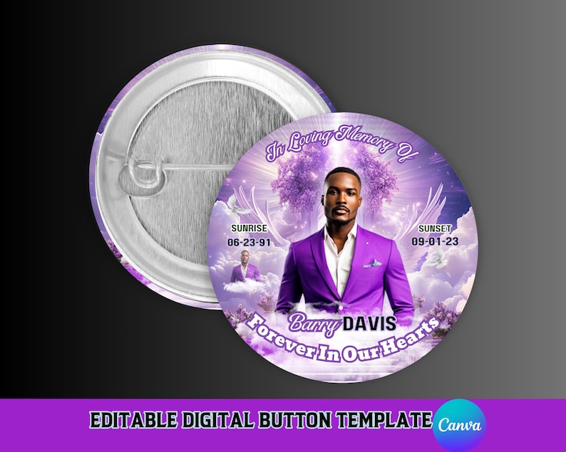 Purple Angel Wings Memorial Button Template, Digital Funeral Button ...