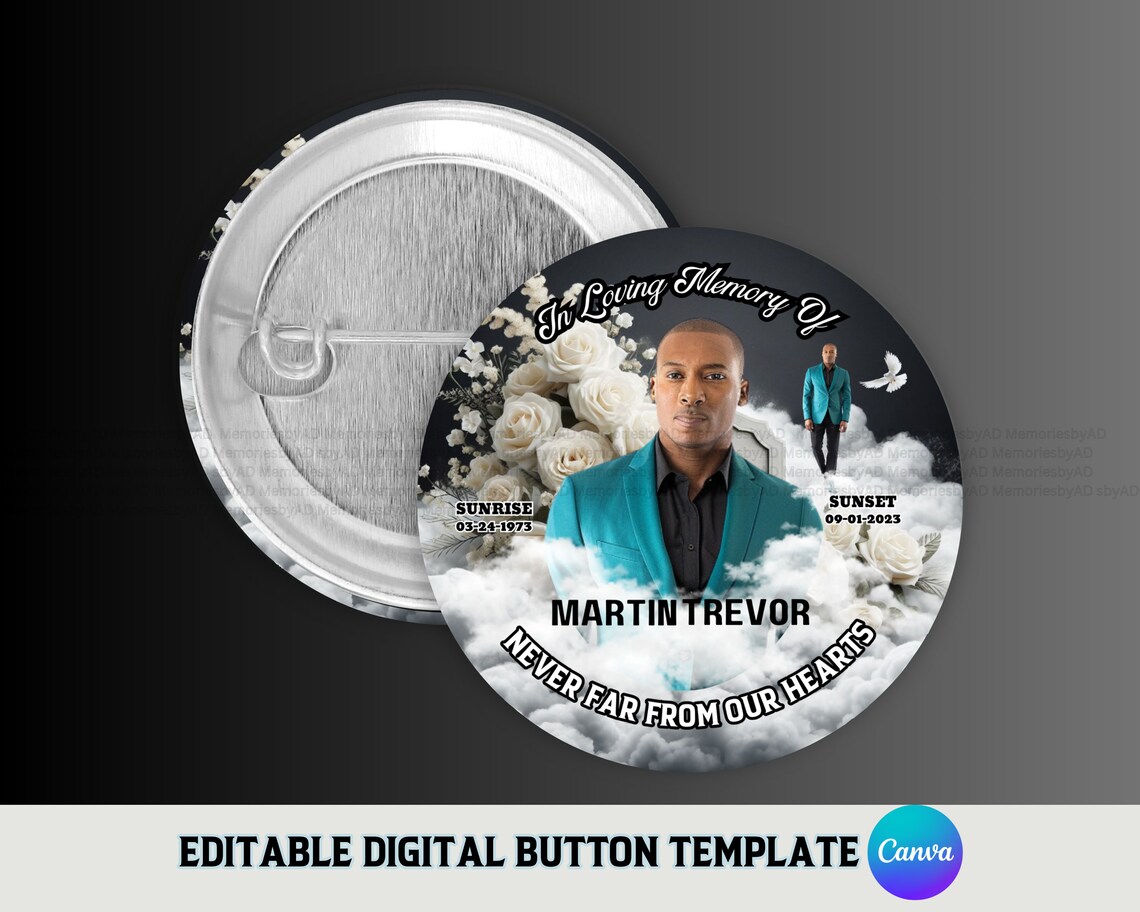 Memorial Button Template, Editable Canva Memorial Template, Digital Funeral Button Design ...
