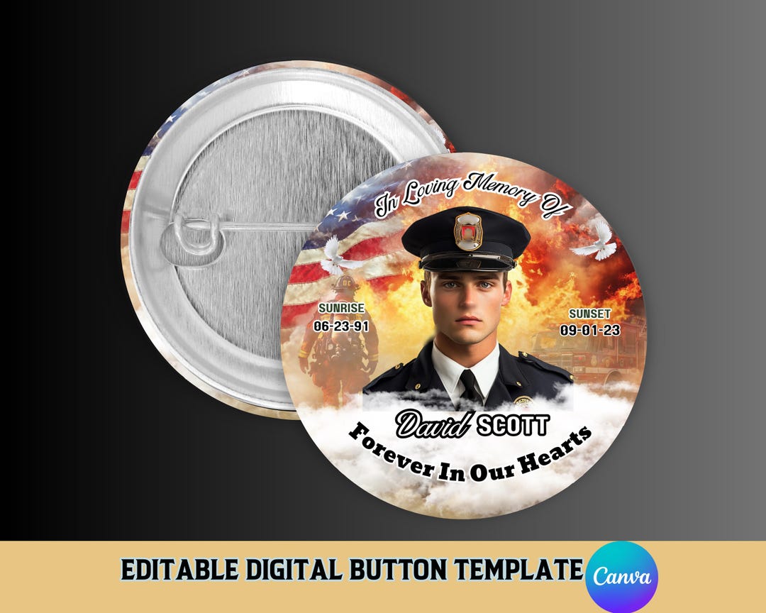 Firefighter Memorial Button Template, Digital Funeral Button Design ...