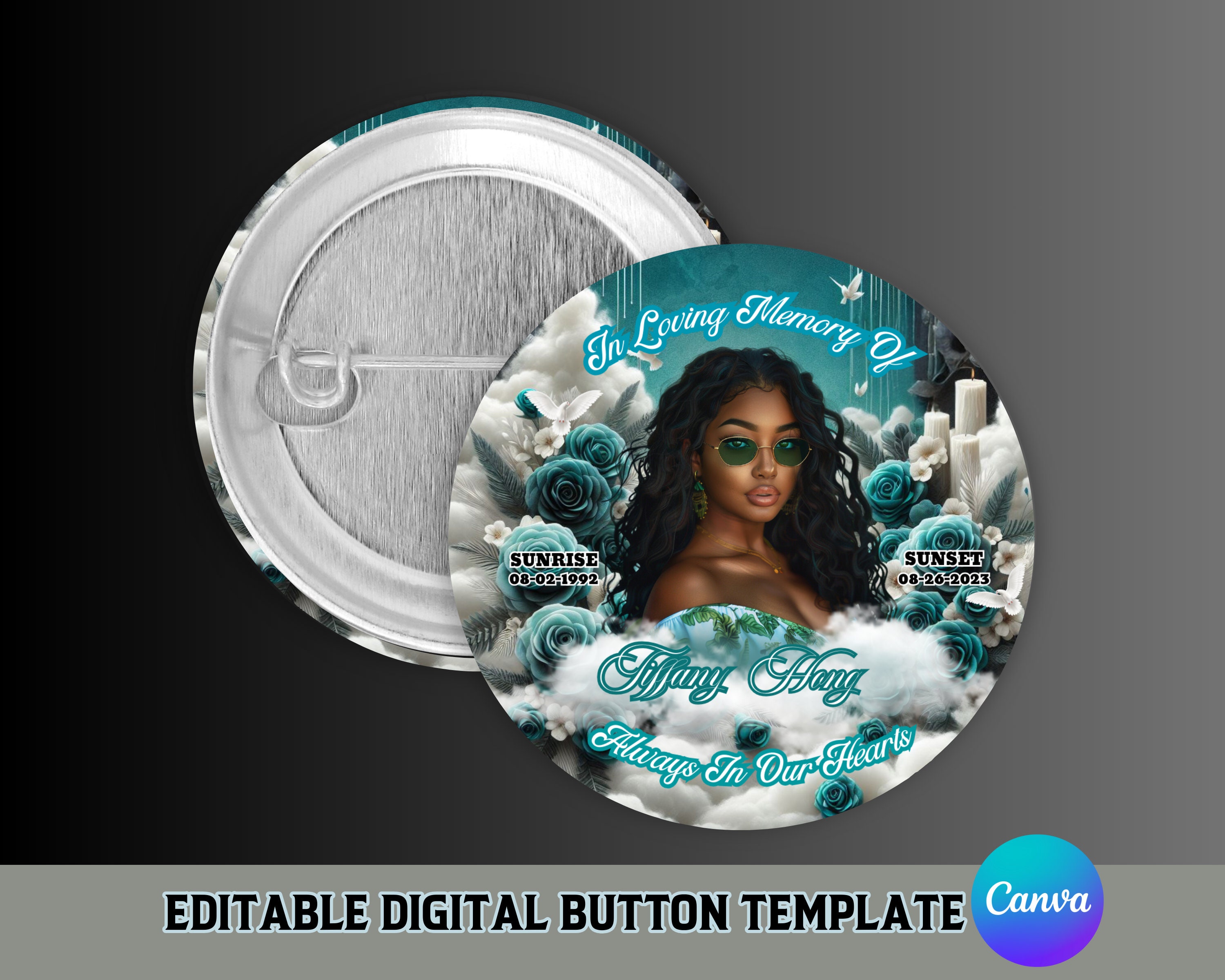 Editable Canva Memorial Template, Memorial Button Template, Digital ...