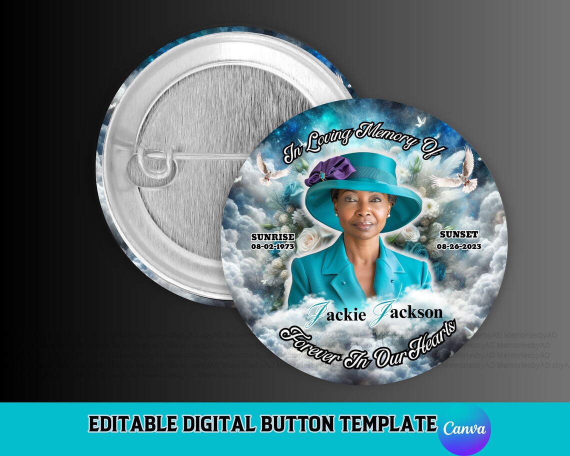 Editable Canva Memorial Template, Digital Funeral Button Design ...