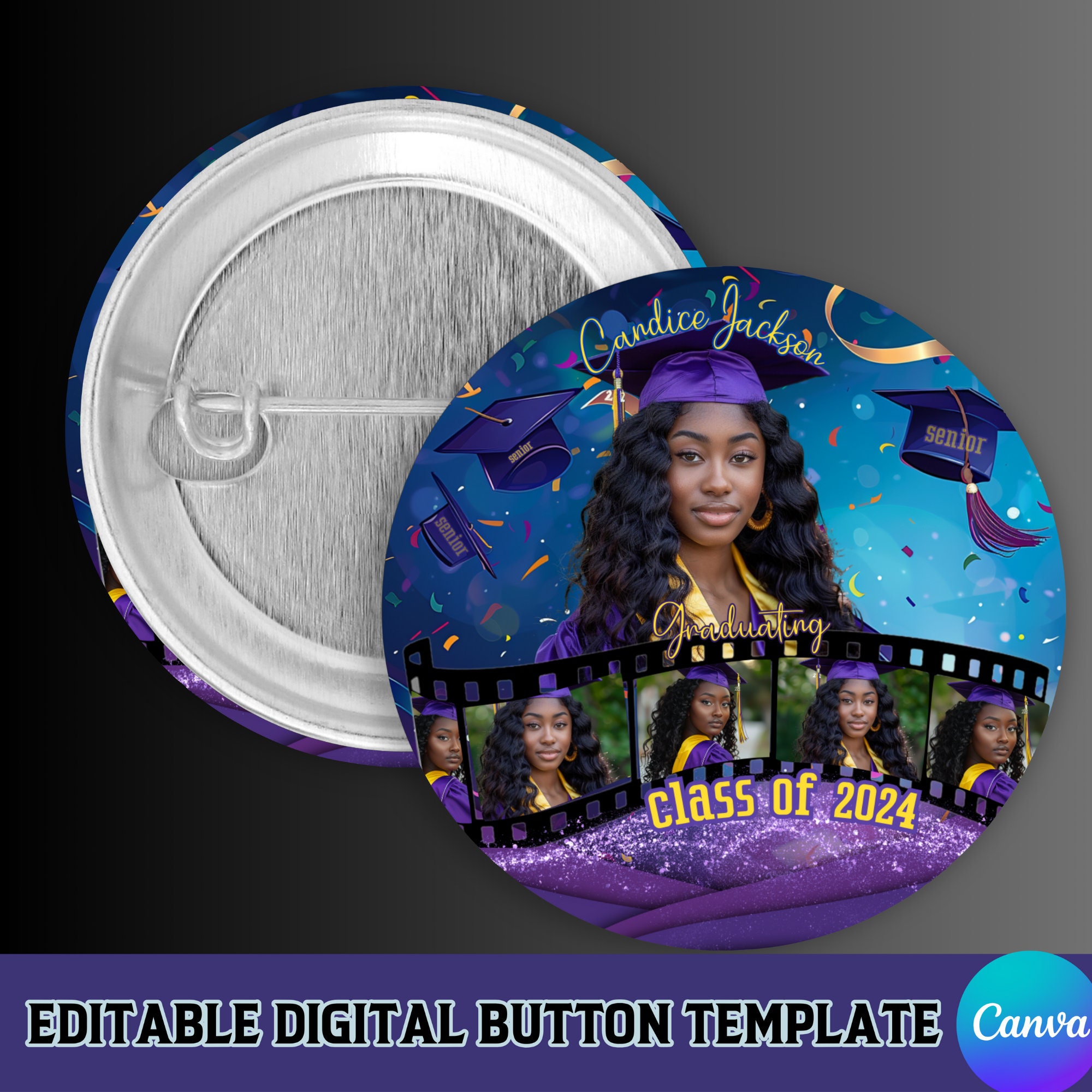 6 Piece Editable Purple Graduation Template Bundle, Grad Stole, Button ...