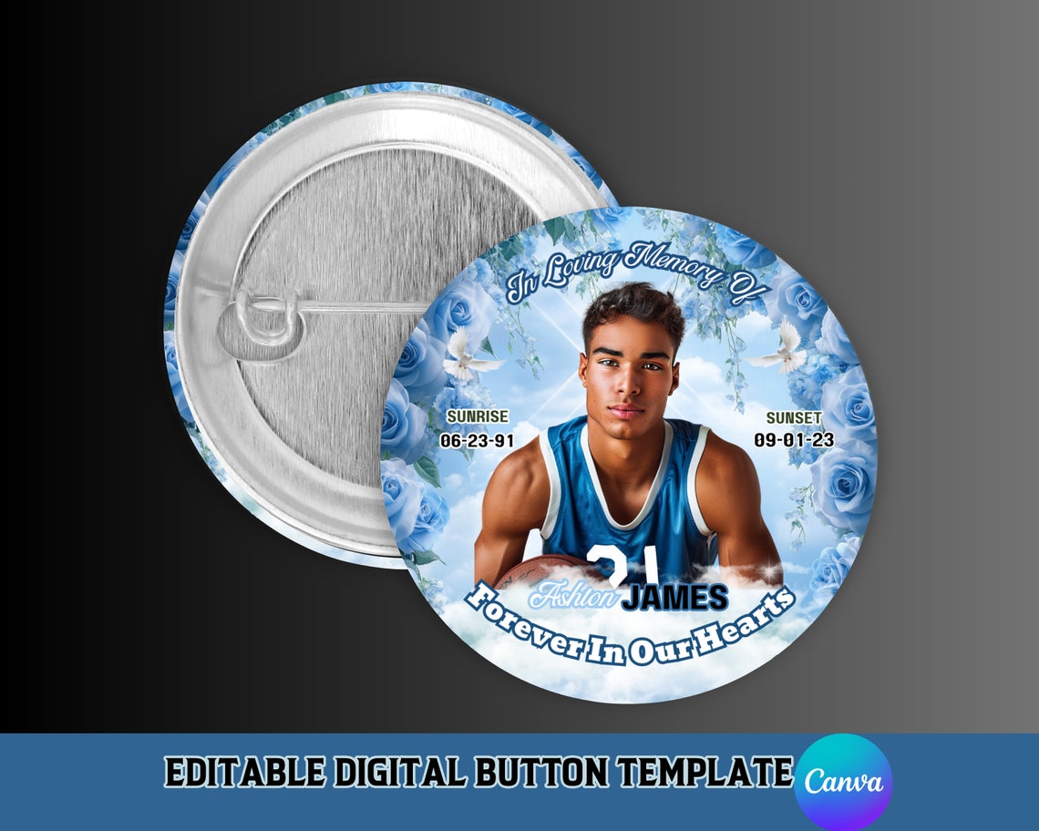 Editable Canva Memorial Template, Memorial Button Template, Digital ...