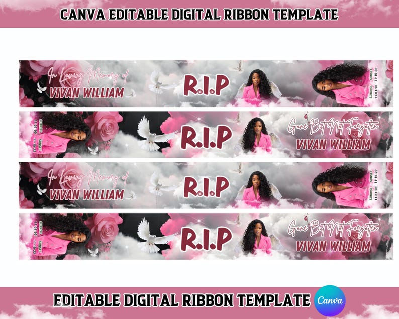 Pink Rose Canva Memorial Ribbon Template, Canva Customizable, Editable ...