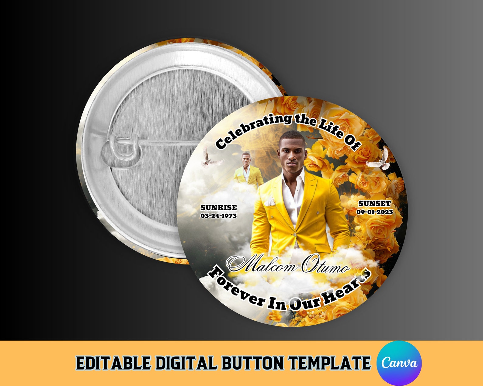 Editable Canva Memorial Template, Digital Funeral Button Design ...