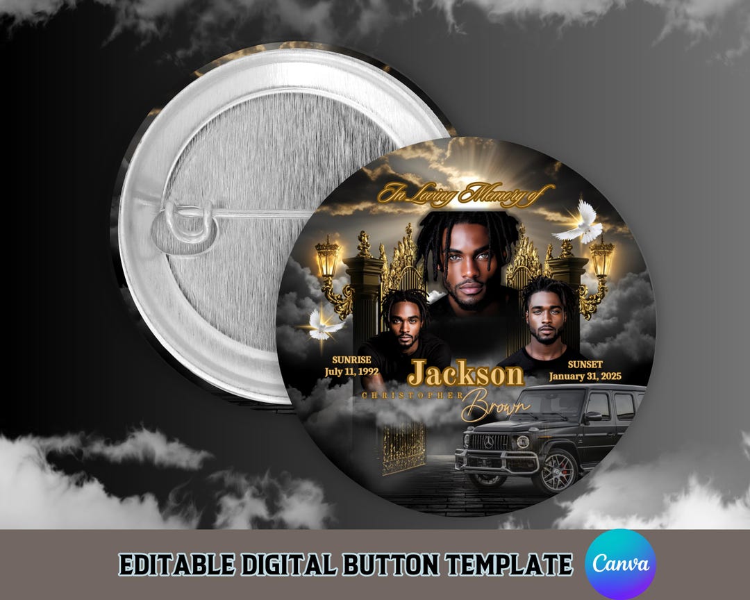 Black and Gold Memorial Button Template, Editable Canva Memorial ...