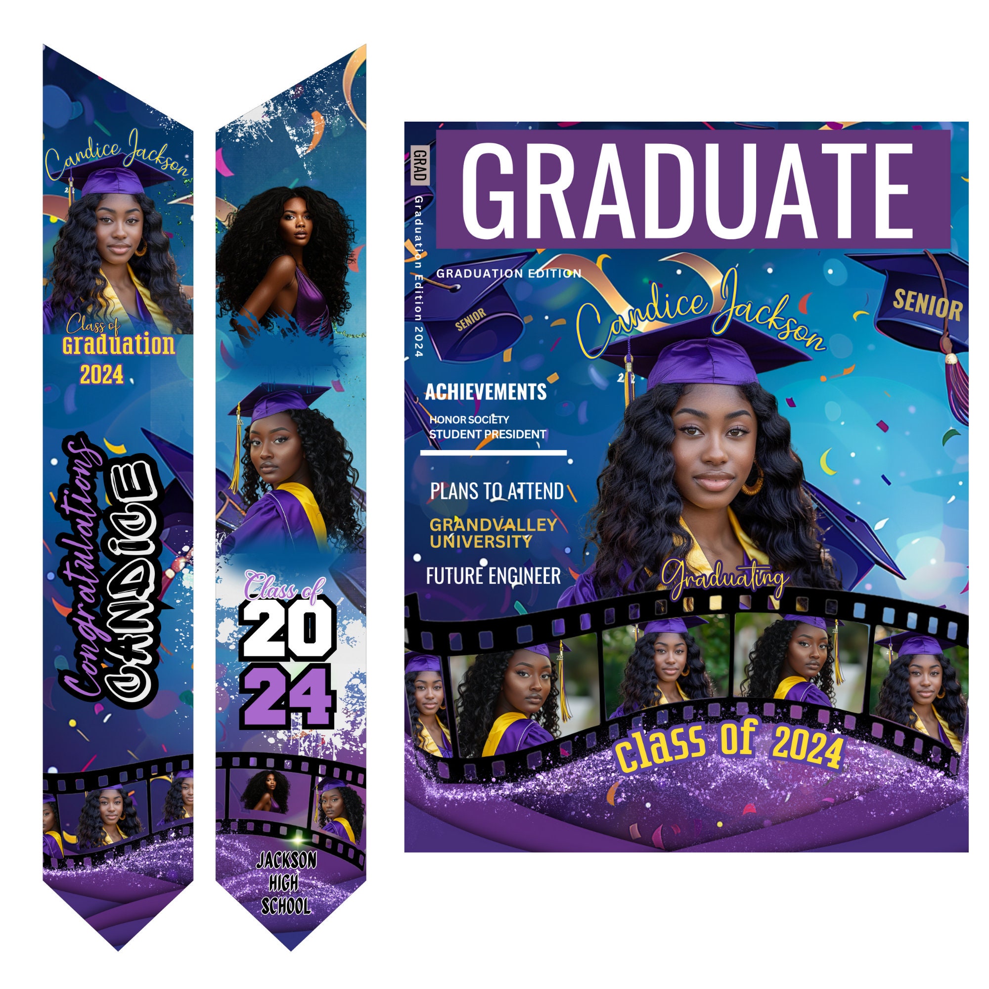 6 Piece Editable Purple Graduation Template Bundle, Grad Stole, Button ...