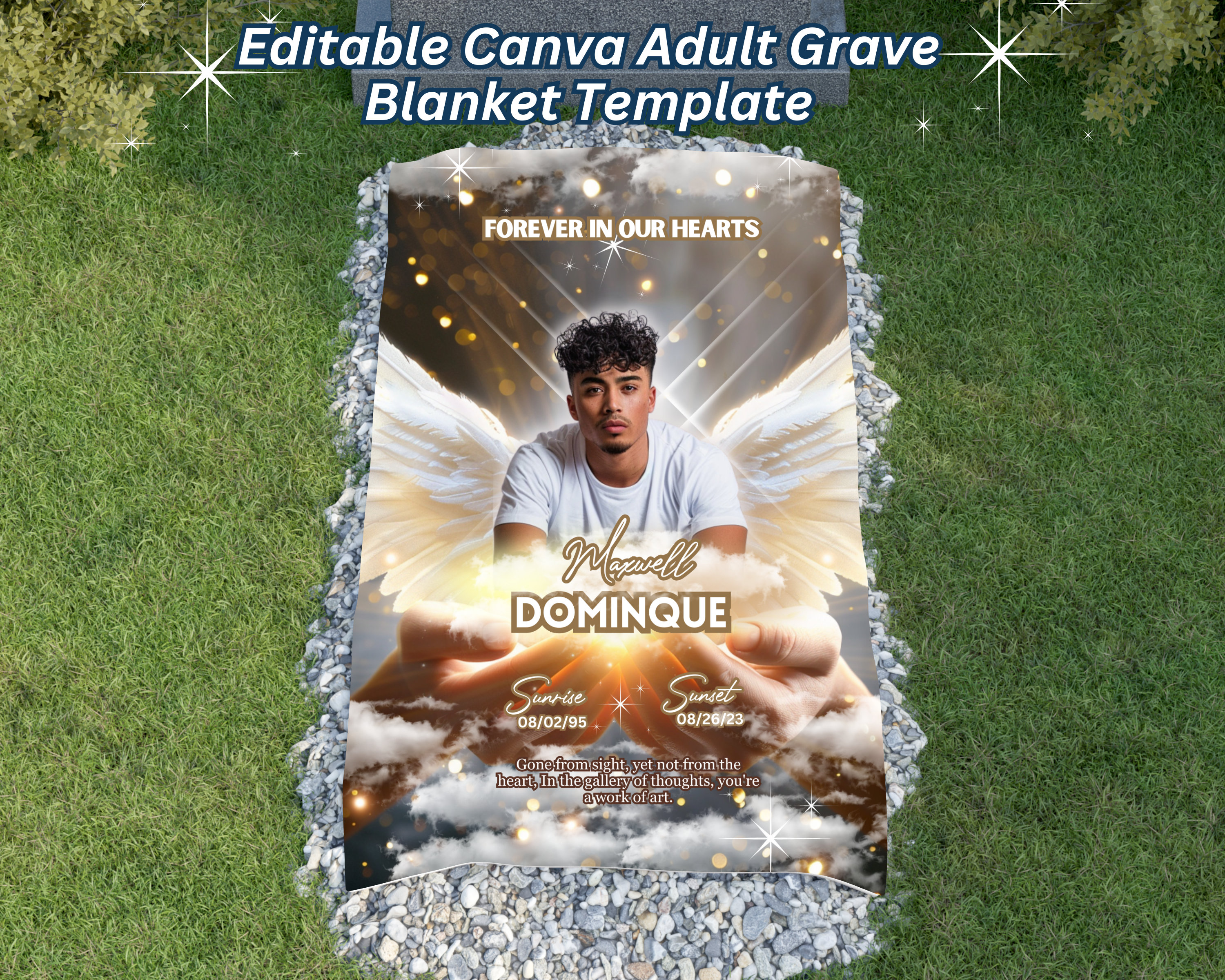Tan Heavenly Hands Grave Blanket, Editable Canva Adult Grave Blanket ...