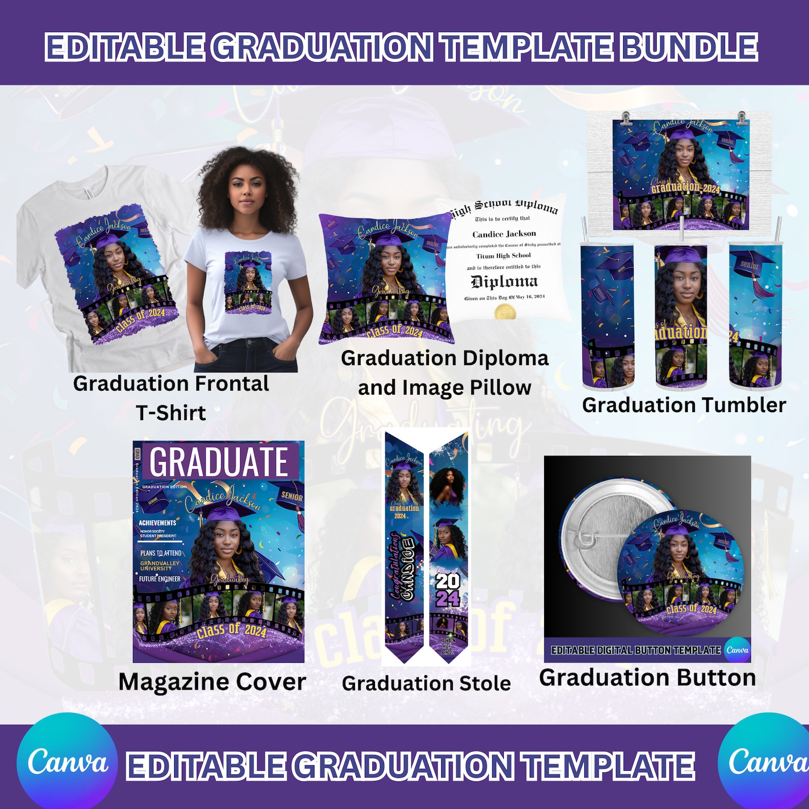 6 Piece Editable Purple Graduation Template Bundle, Grad Stole, Button ...