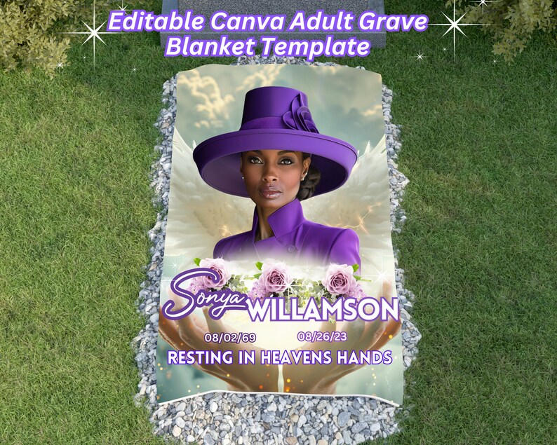 Purple Hat Grave Blanket, Editable Canva Adult Grave Blanket Template ...