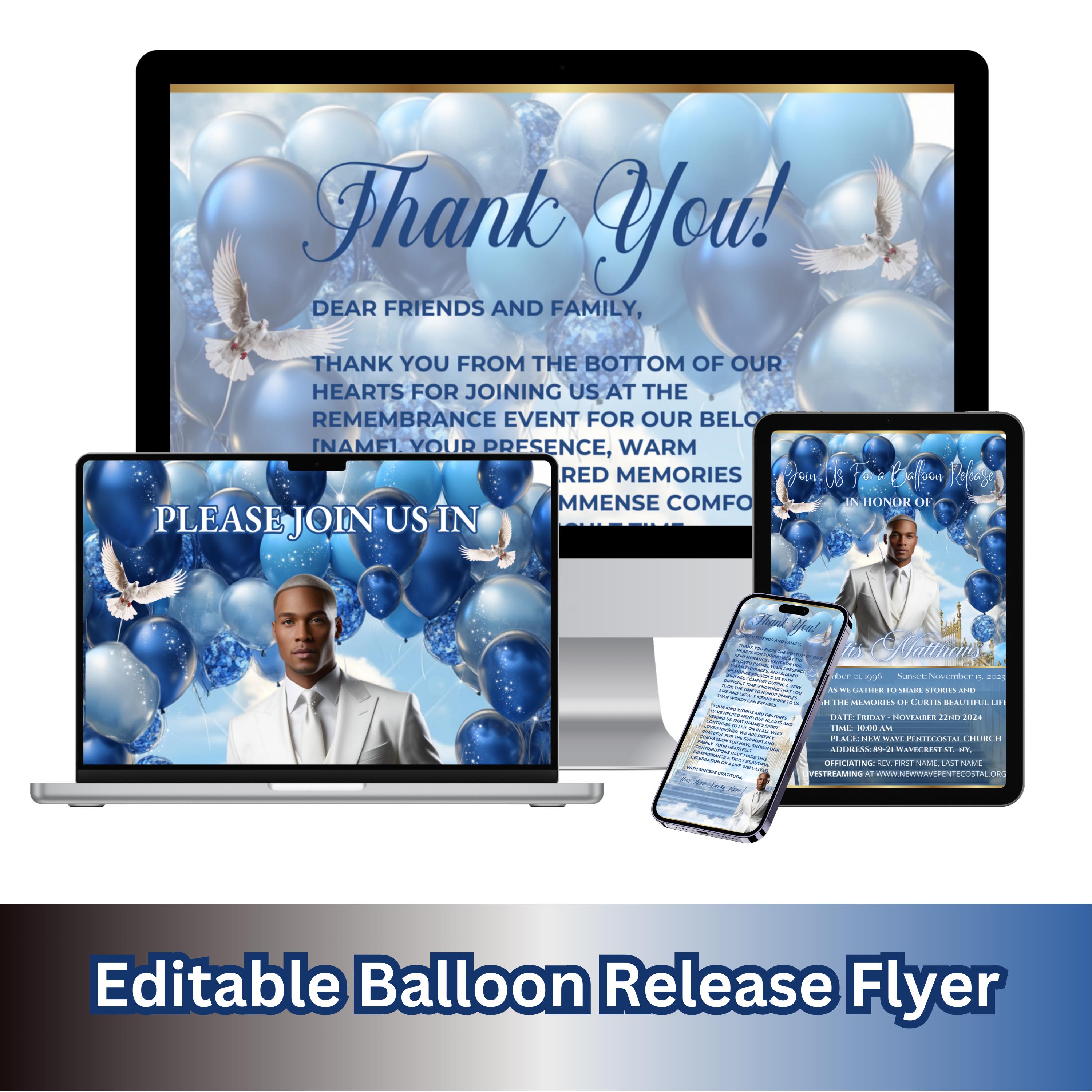 Blue Balloon Invite, Memorial Balloon Release Announcement Template ...