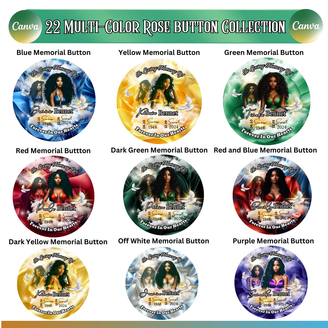 Multi-color Rose Memorial Button Template Bundle, 22 Memorial Button ...