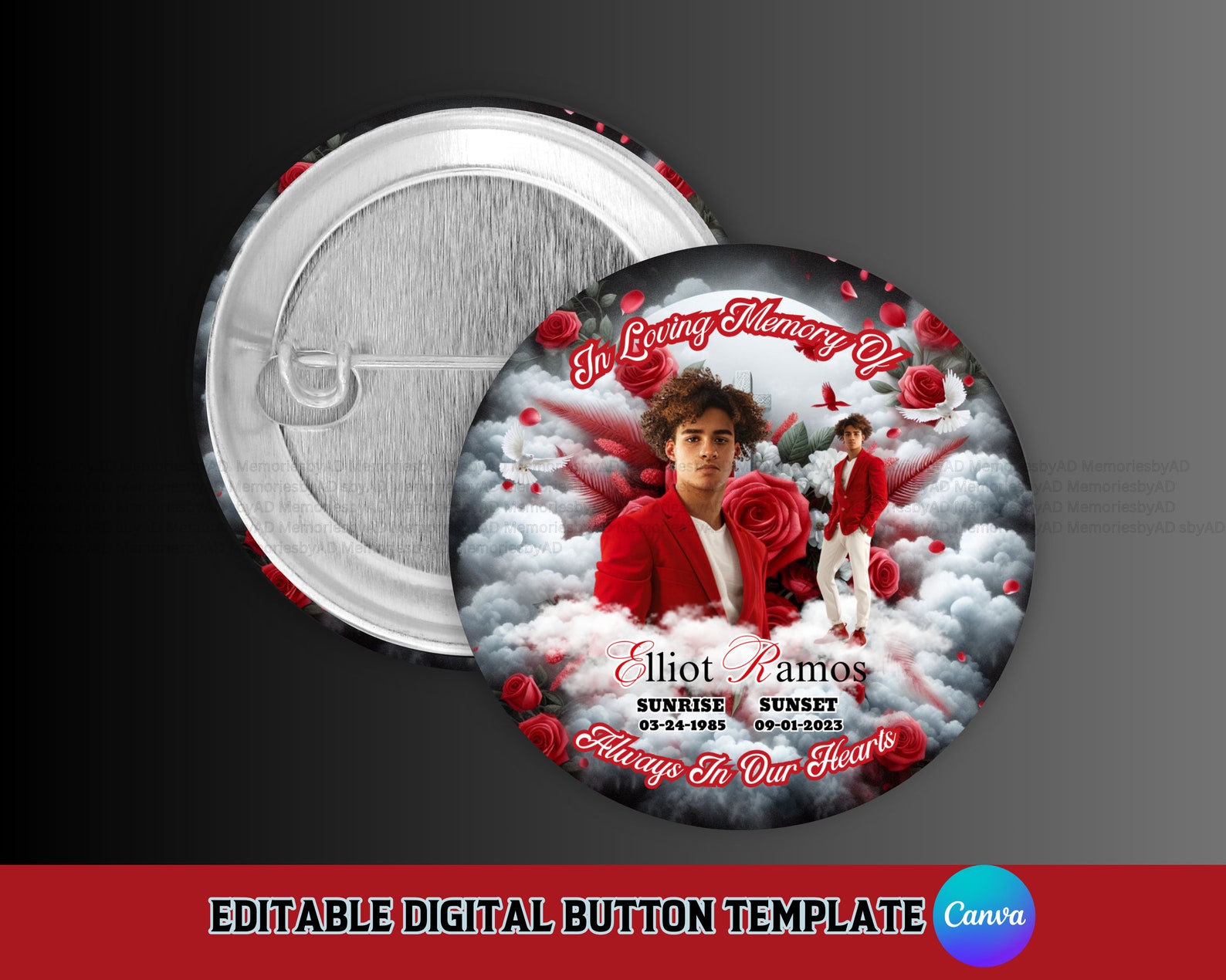 Editable Memorial Button, Memorial Button Template, Digital Funeral ...