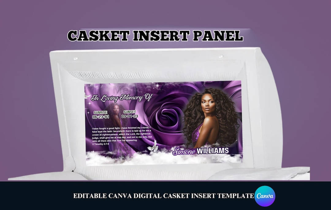 Purple Rose Memorial Casket Insert, Memorial Casket Panel Template, Canva RIP Casket Panel ...