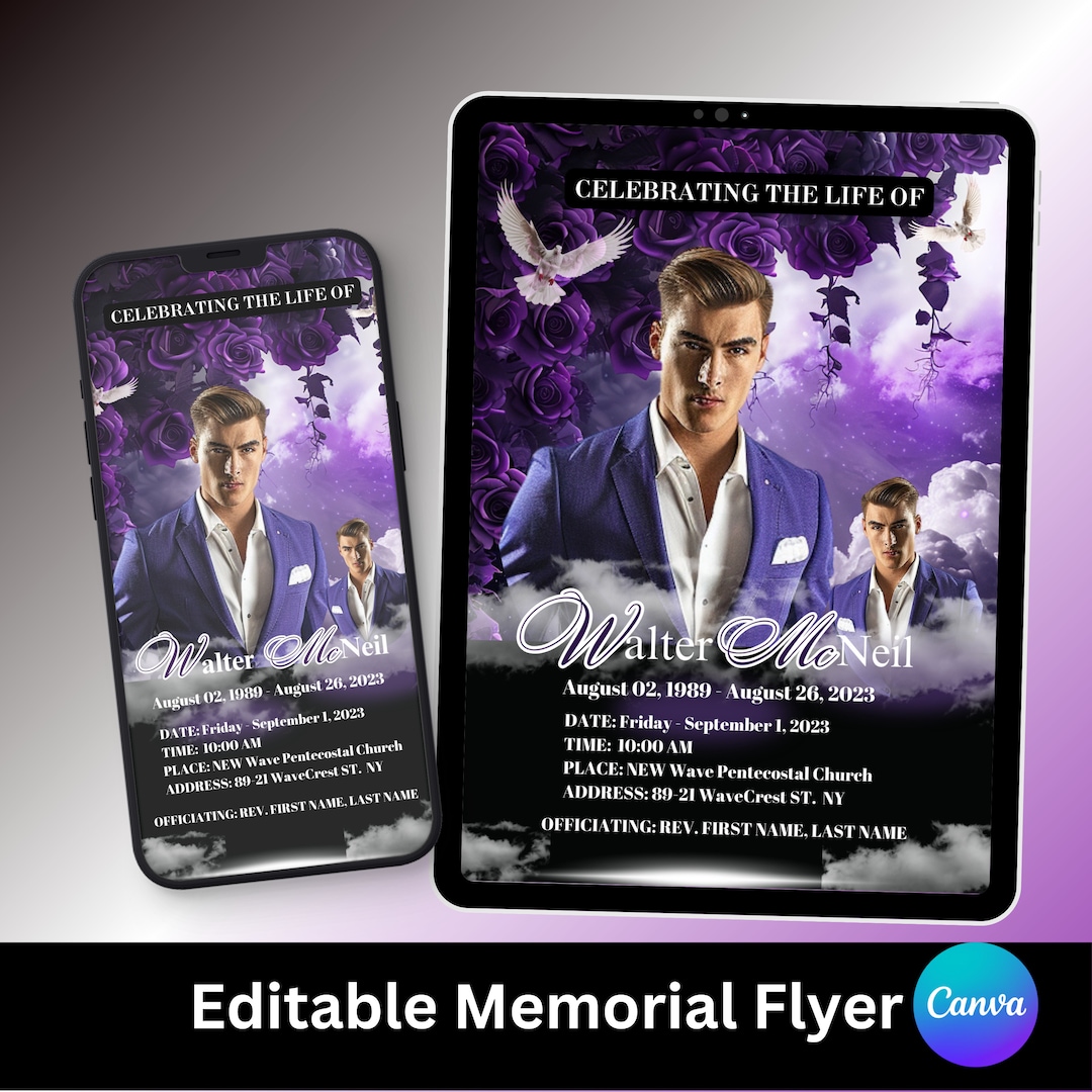 Digital Memorial Flyer, Funeral Announcement Template, Memorial Service ...