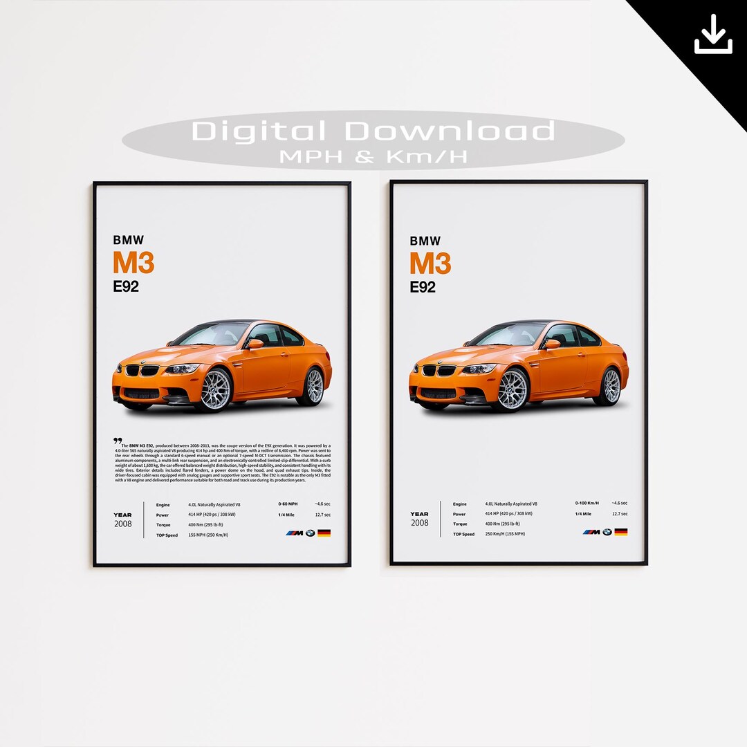 BMW M3 E92 Poster | Instant Digital Download | Supercar Wall Art ...