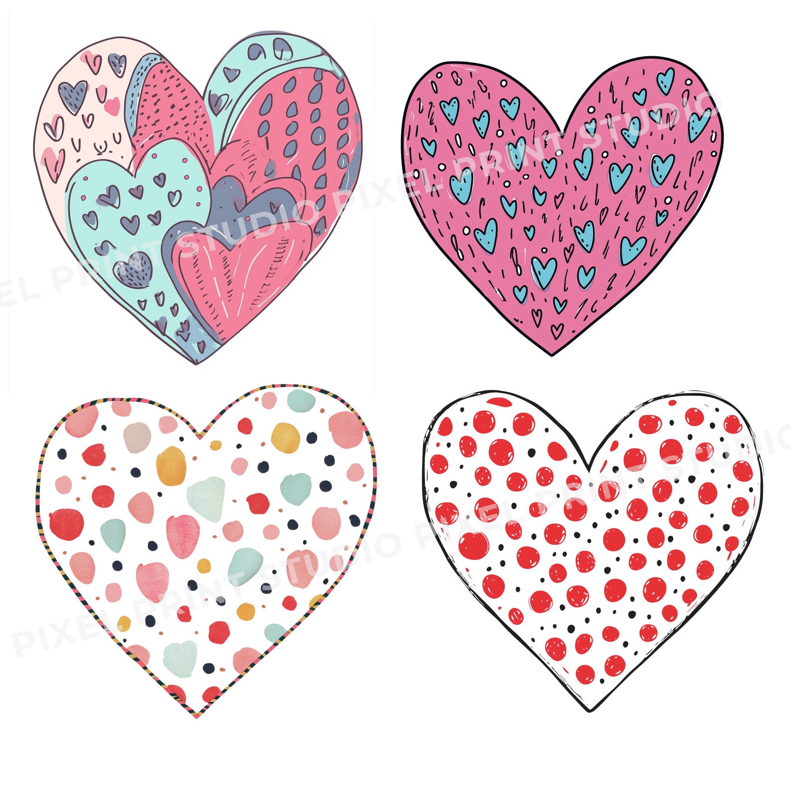Whimsical Heart Clipart - 24 Digitally Drawn Heart Illustrations for ...