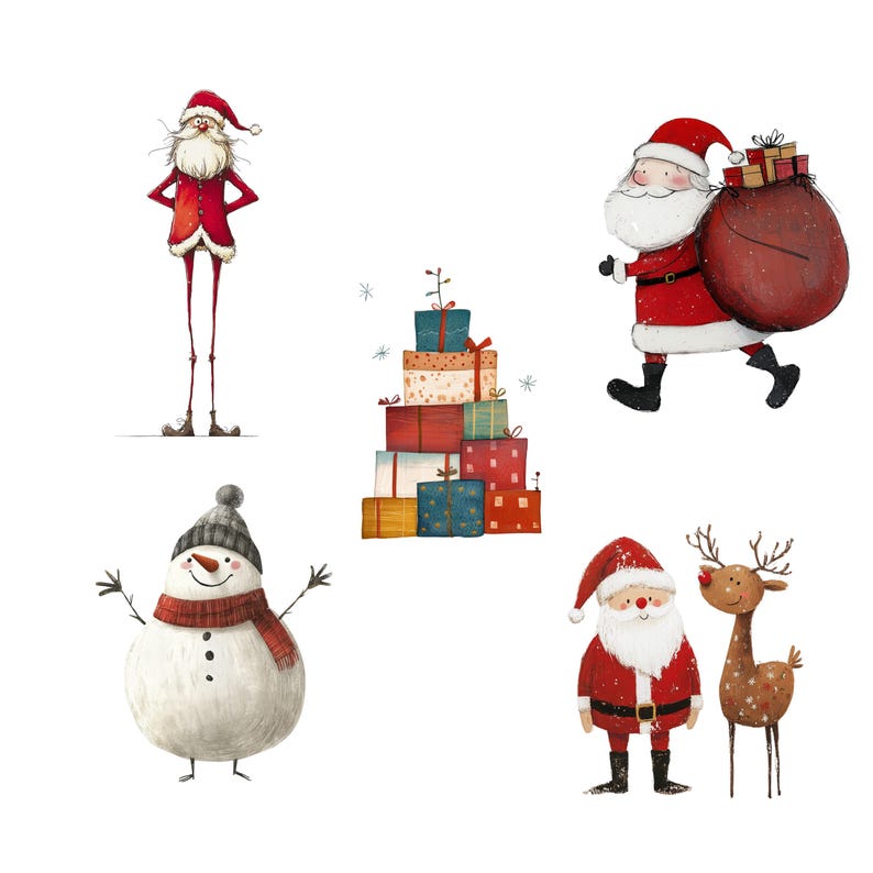 15 Whimsical Christmas Clipart Set – Santa, Snowman, Trees & Gifts ...
