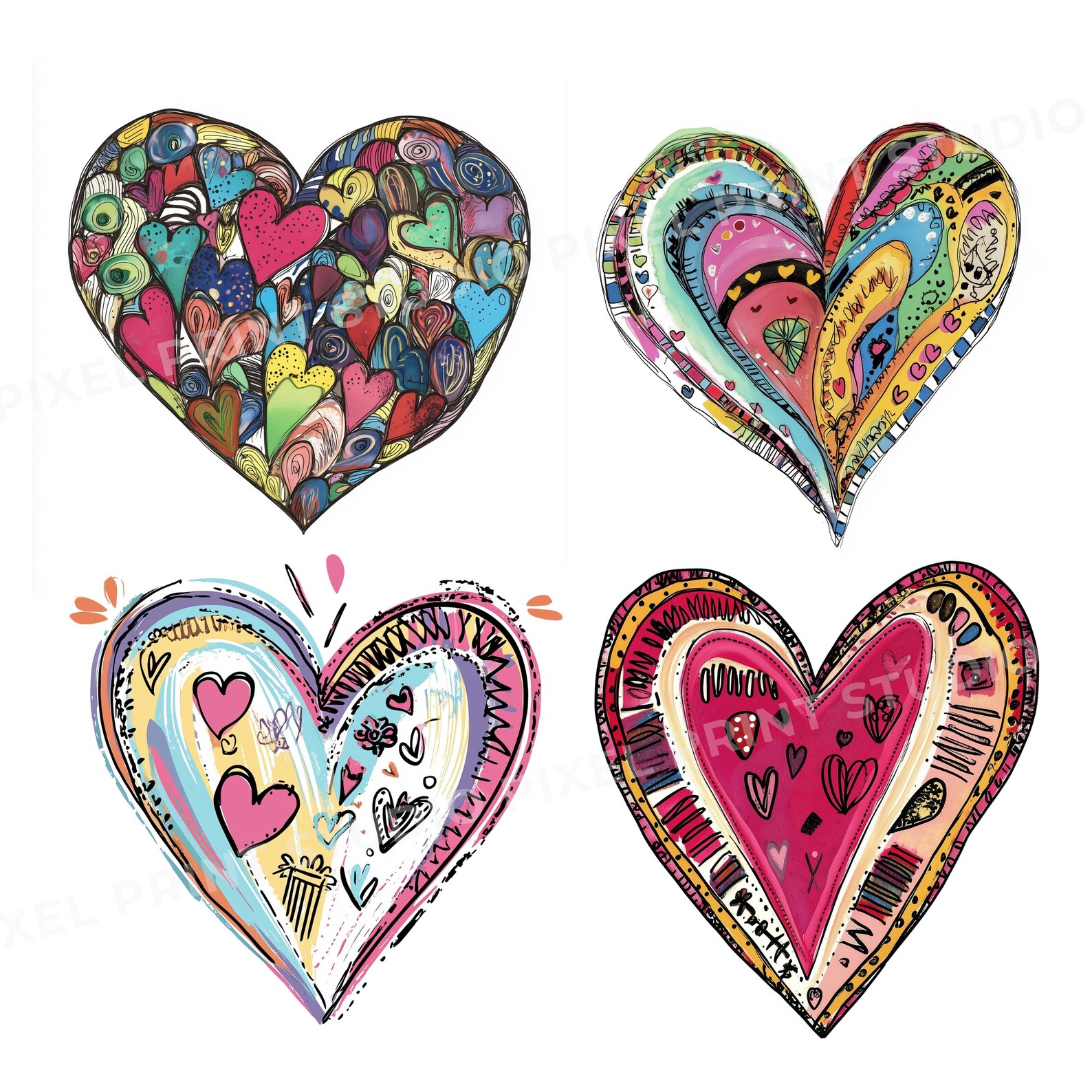 Whimsical Heart Clipart - 24 Digitally Drawn Heart Illustrations for ...