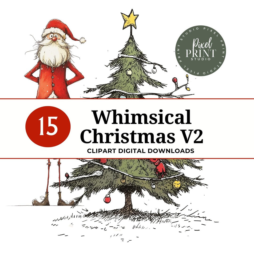 15 Whimsical Christmas Clipart Set – Santa, Snowman, Trees & Gifts ...