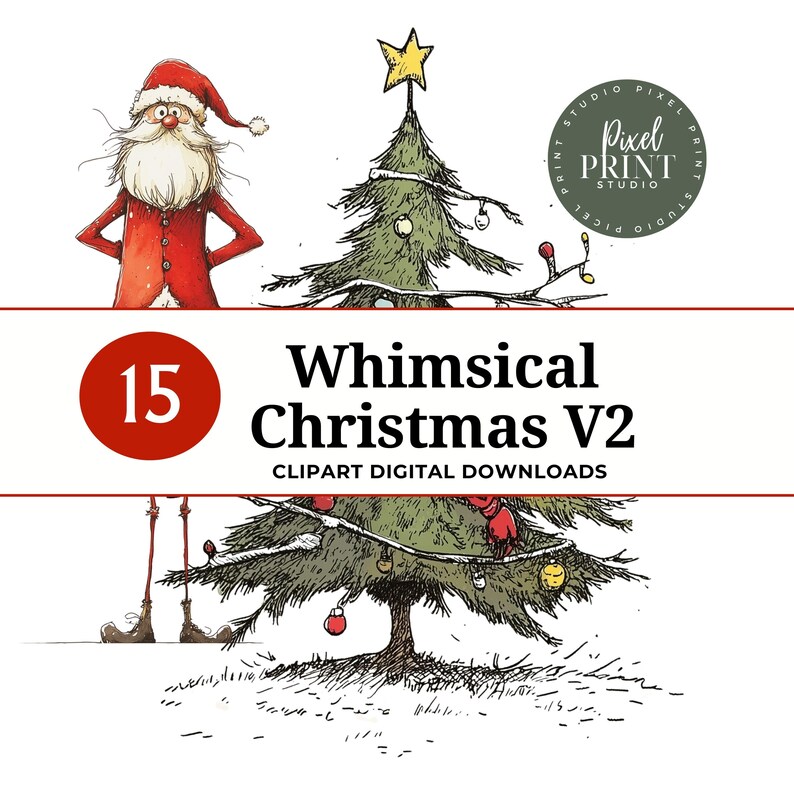 15 Whimsical Christmas Clipart Set – Santa, Snowman, Trees & Gifts ...