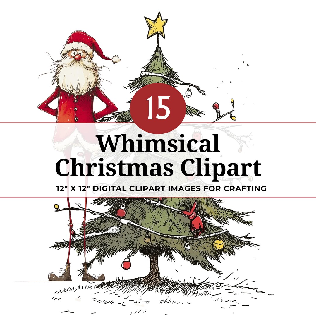 15 Whimsical Christmas Clipart Set – Santa, Snowman, Trees & Gifts ...