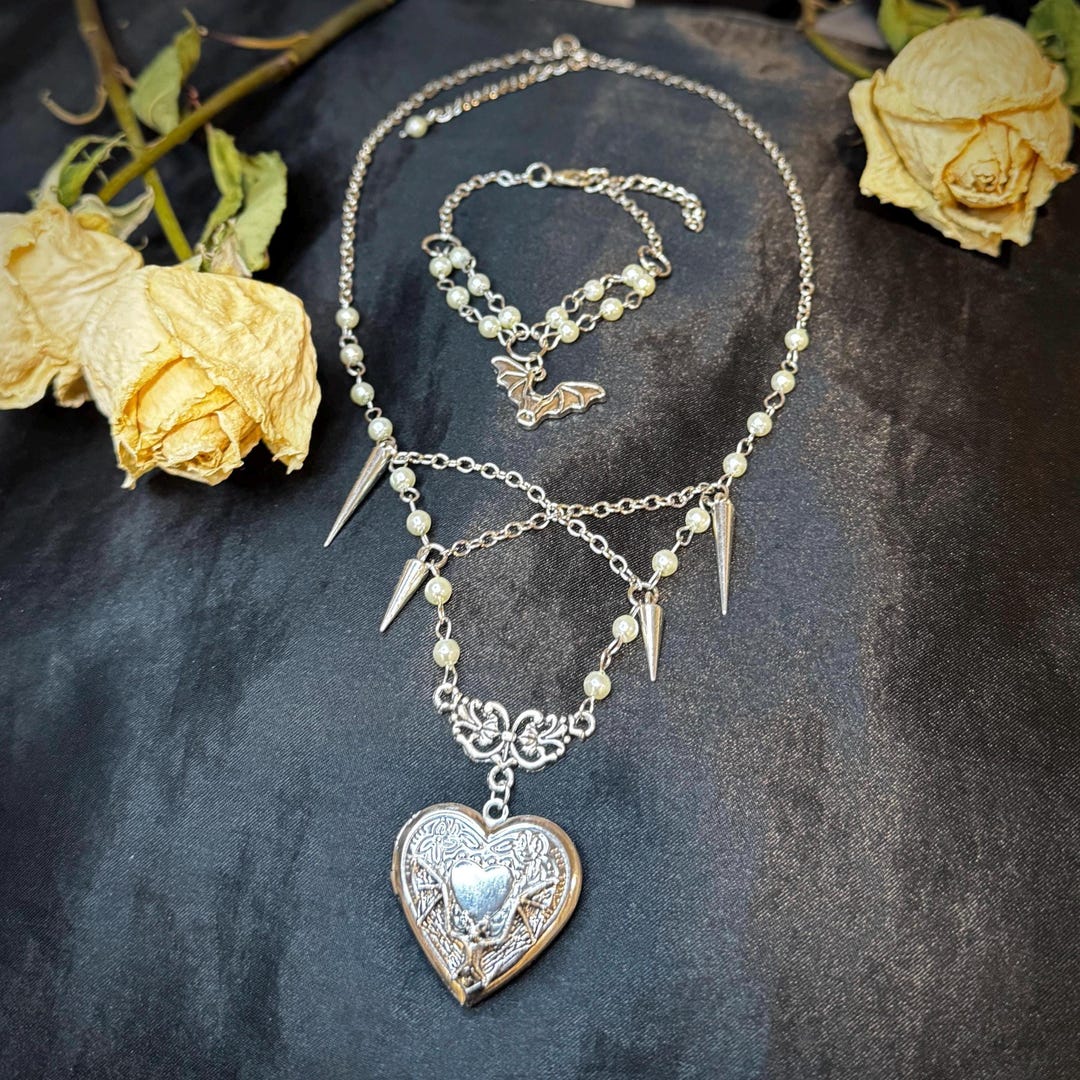 Love Bites Heart Shaped Bat Locket, Bat Pendant, Faux Ivory Pearl ...