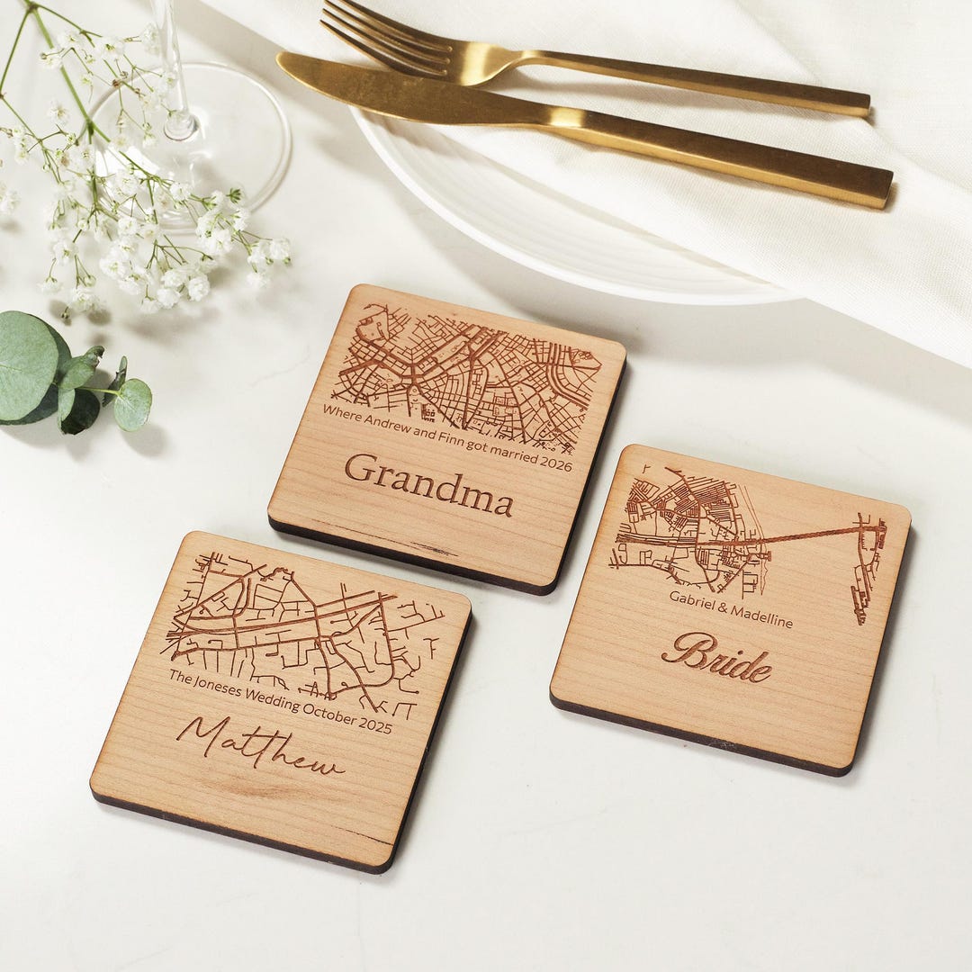 Place Setting MAP Square Personalised Coasters. Perfect Wooden Place ...