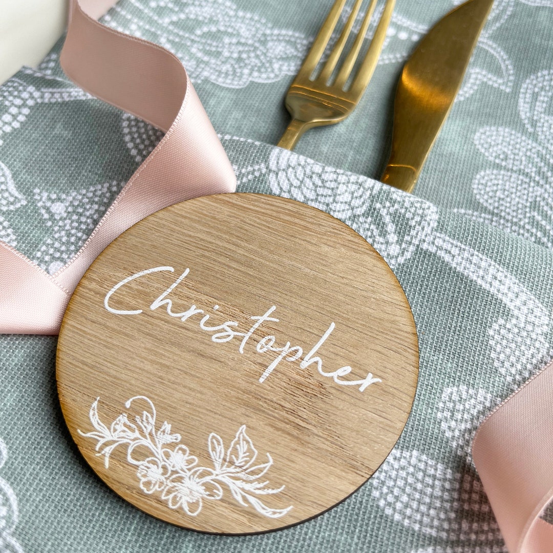 Simple White Floral Place Setting Name Coaster Wedding Table Favours ...