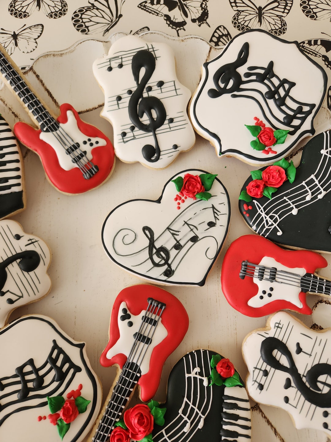 Music Notes Piano Guitar Shugar Cookies Set Red White Floral Flower ...