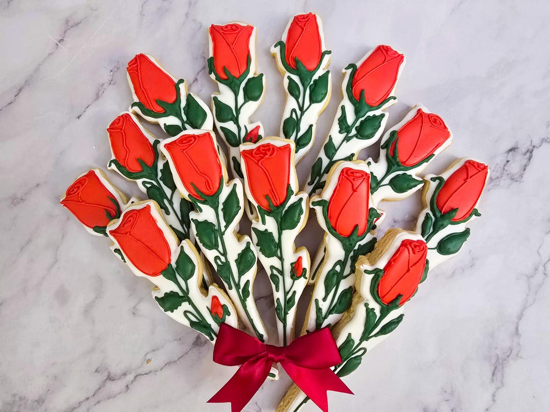 Red Roses Cookies With Royal Icing Decorated Cookie, Rose Shape Floral ...