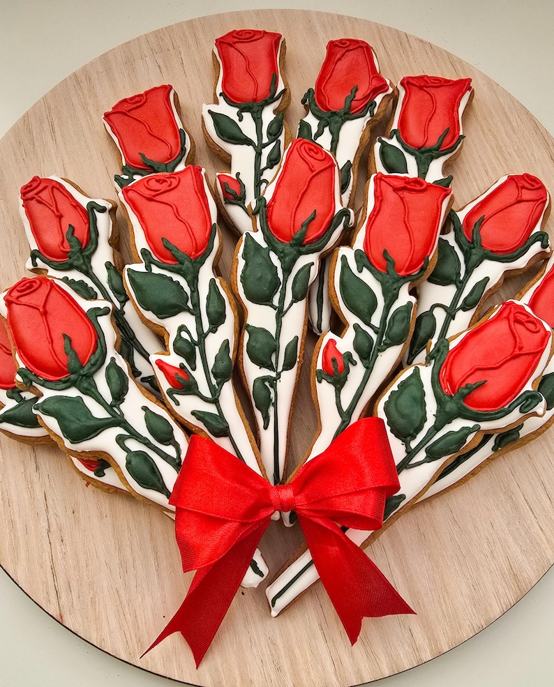Red Roses Cookies With Royal Icing Decorated Cookie, Rose Shape Floral ...