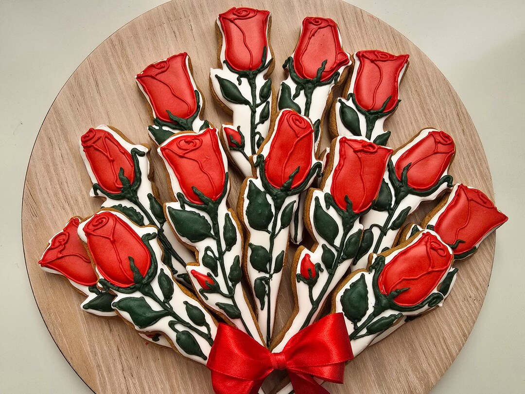 Red Roses Cookies With Royal Icing Decorated Cookie, Rose Shape Floral ...