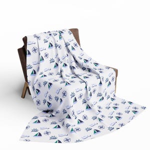 Childrens Nautical Design Blanket, Soft White Polyester Boat Pattern ...