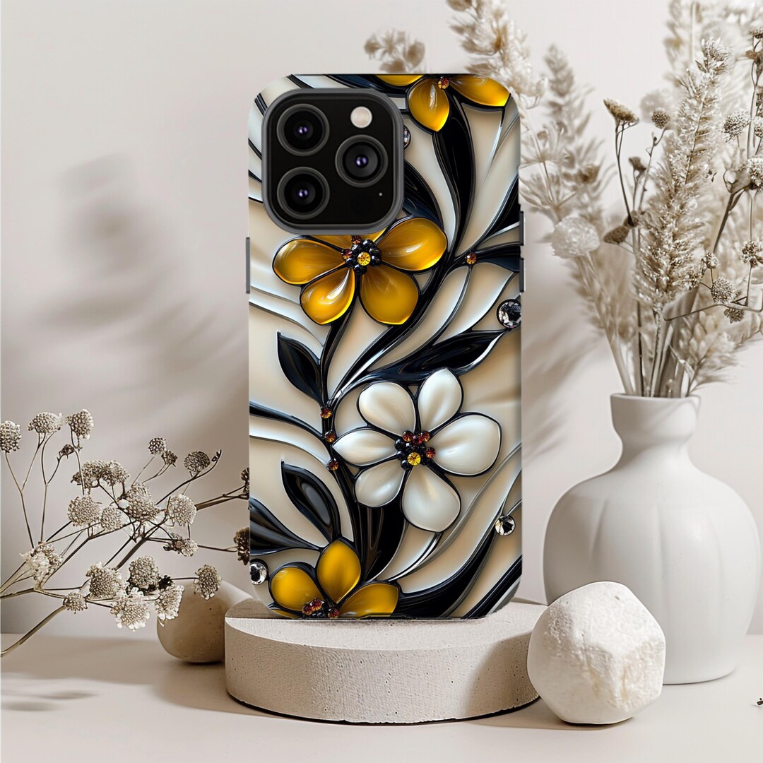 3D Yellow and White Floral Phone Case / Glossy Black Glass Design ...