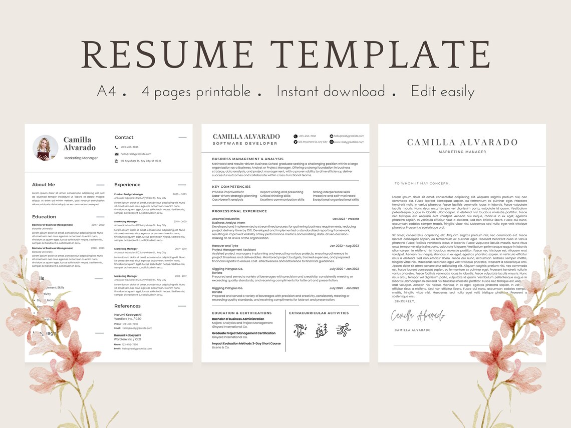 Simple Minimal Clean Resume Template, 1-2 Page Resume Template, Cover ...