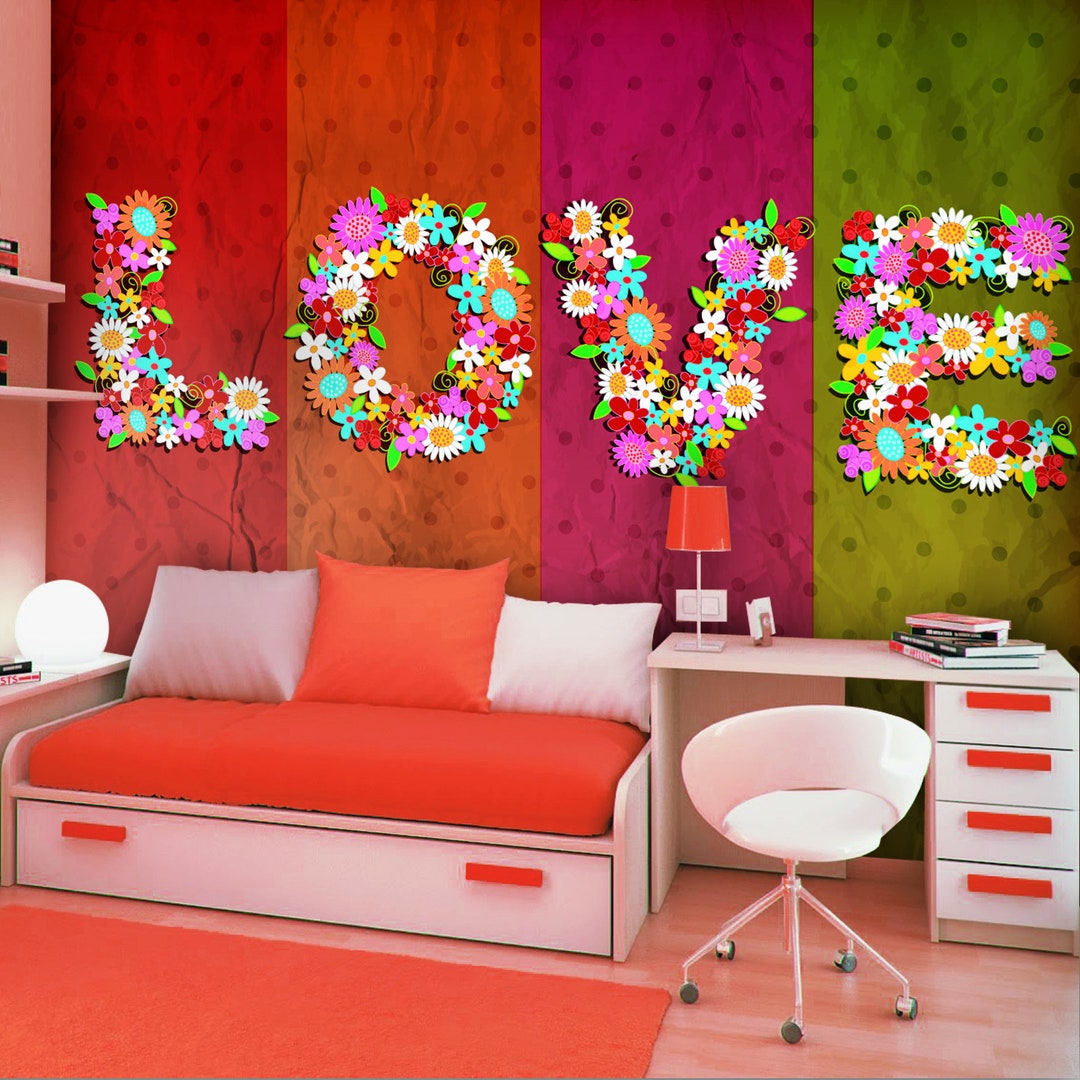 Wallpaper With Love and Flowers, Wallpaper for Teenage Girls, Design ...