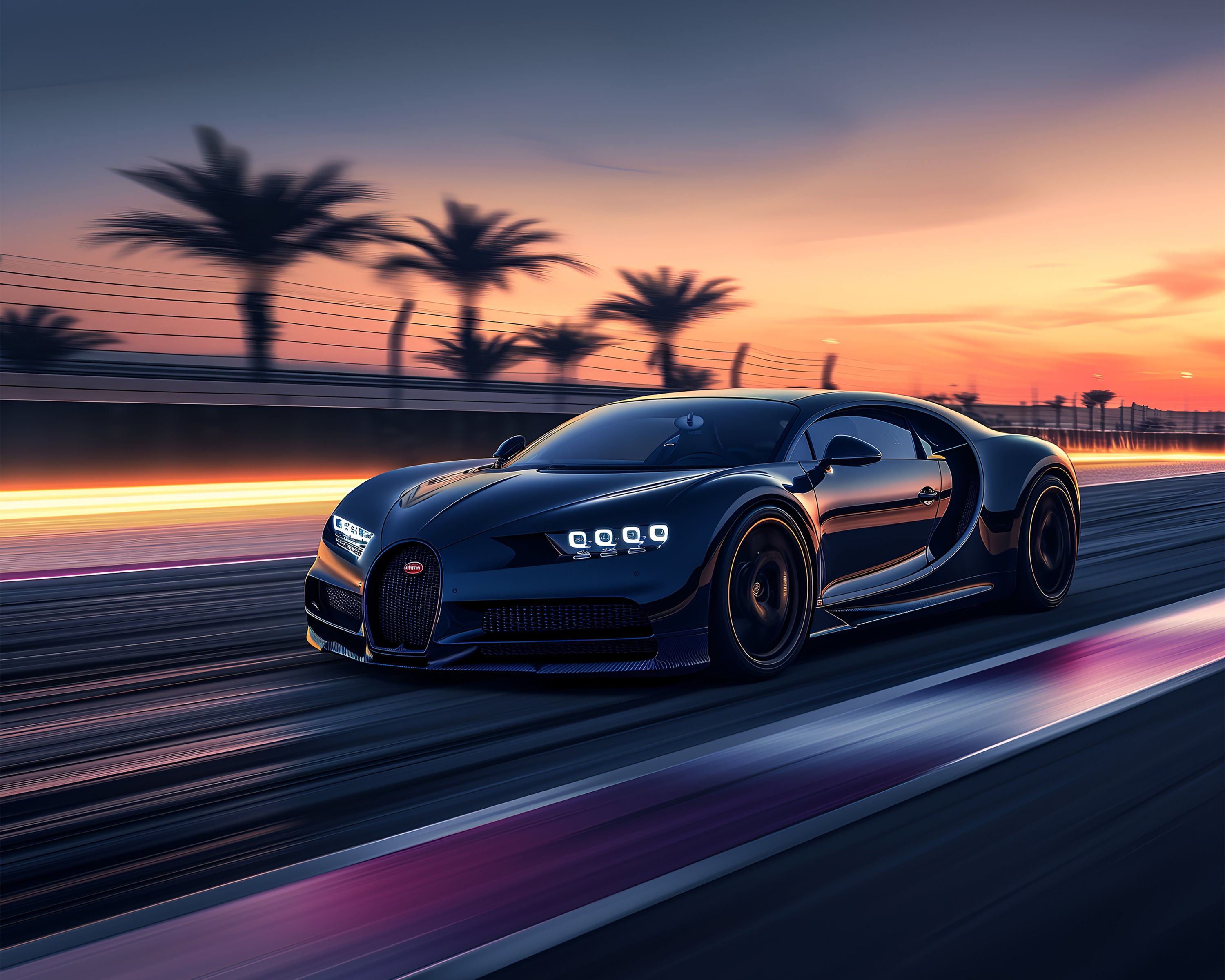 A Sleek Midnight Blue Bugatti Chiron Speeding Through a High Speed Turn ...
