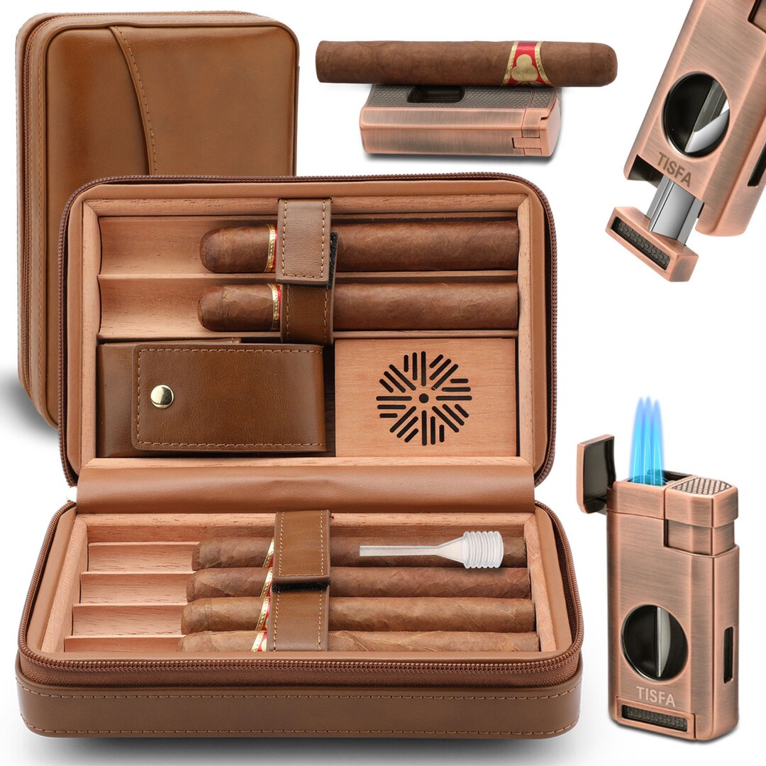 Cigar Humidor Case Leather Cedar Wood Cigar Case With Cigar Lighter V ...