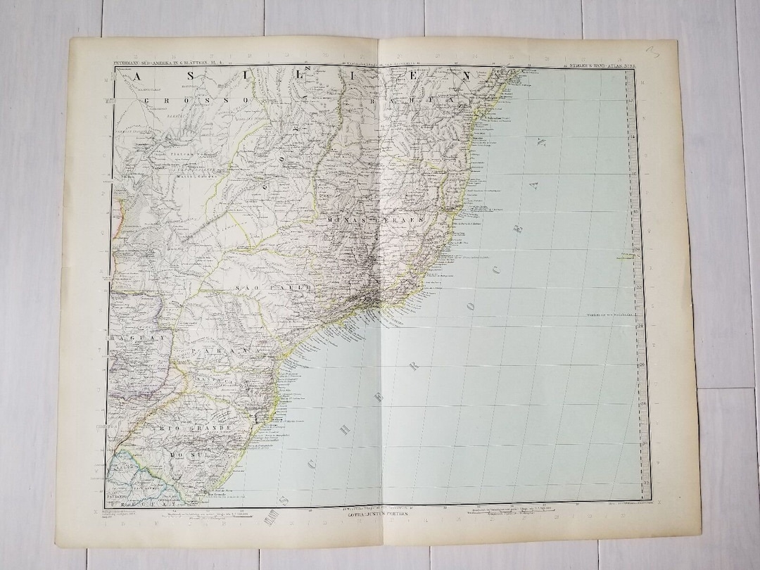 1888 Rare Old Antique Map of Brazil South America San Paulo Paraguay ...