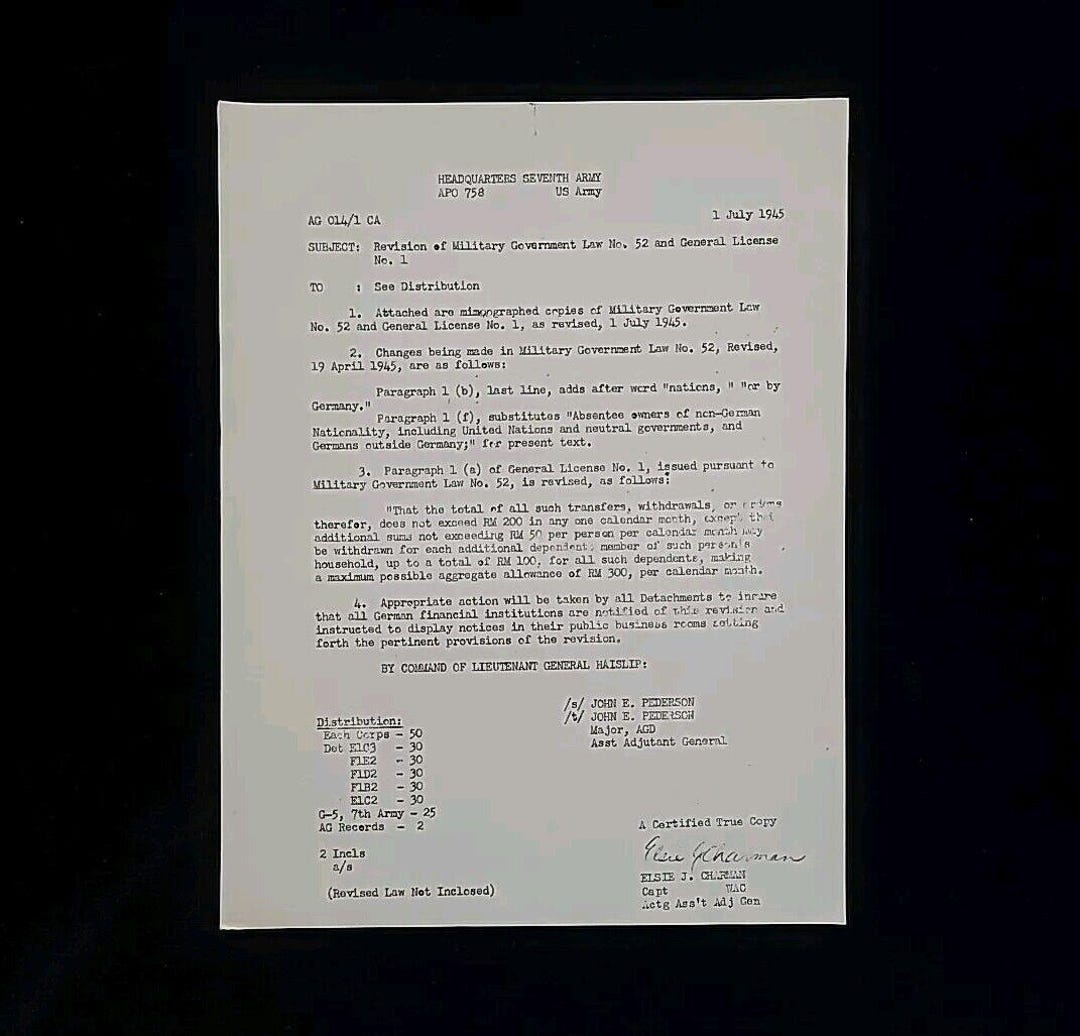 1945 Germany WWII US Army War Document Revision Military Government Law ...