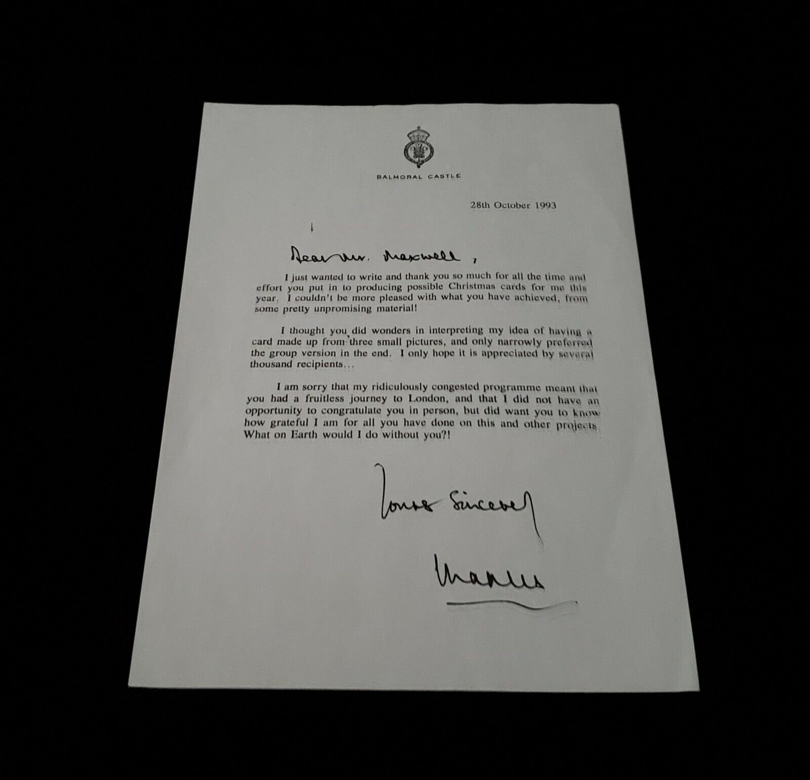 King Charles Signed Letter Royal Document 1993 Christmas Card British ...