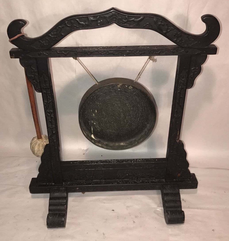 1850 Antique Chinese Bronze Gong Hard Rose Wood Hand Carved Musical ...