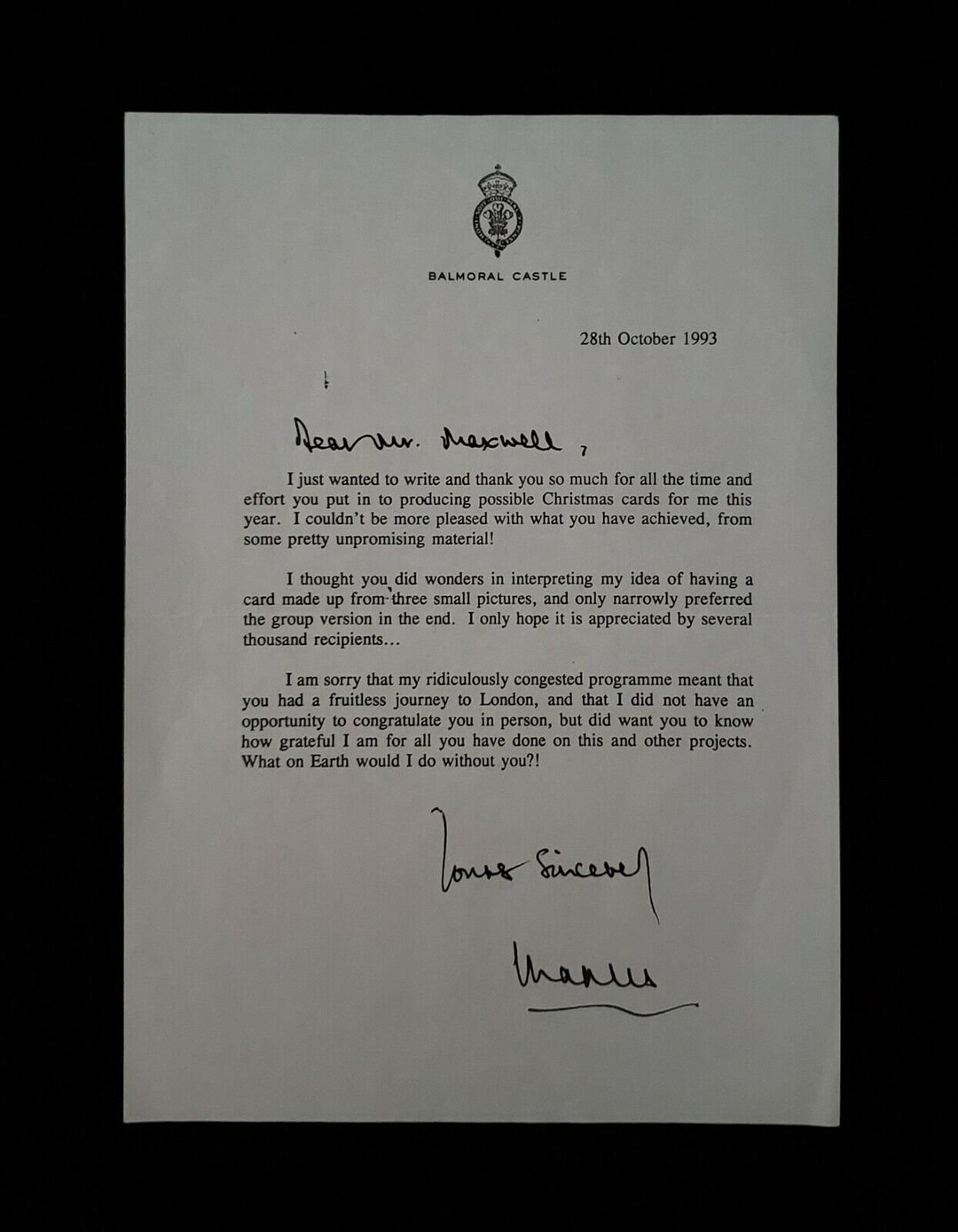 King Charles Signed Letter Royal Document 1993 Christmas Card British ...