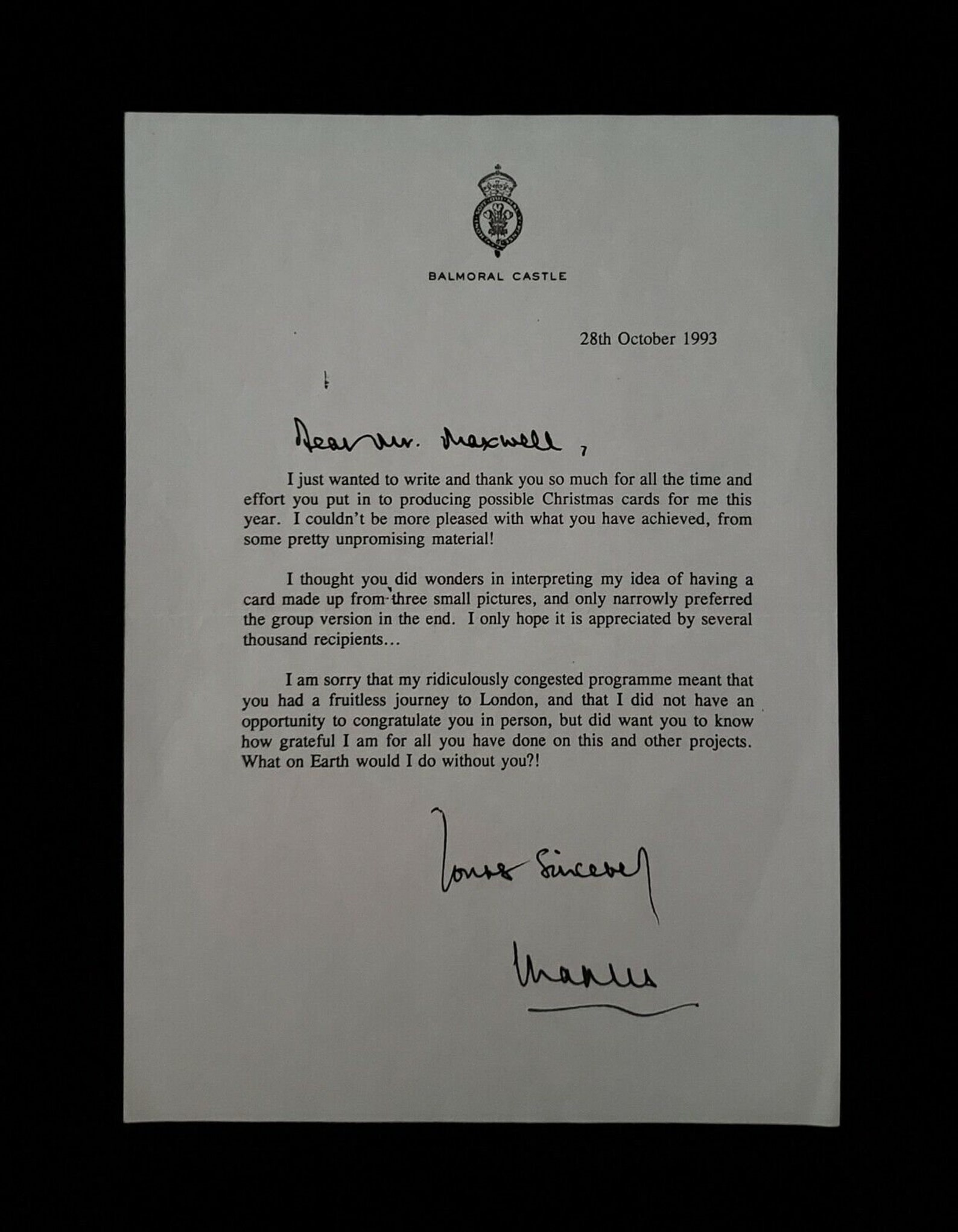 King Charles Signed Letter Royal Document 1993 Christmas Card British ...